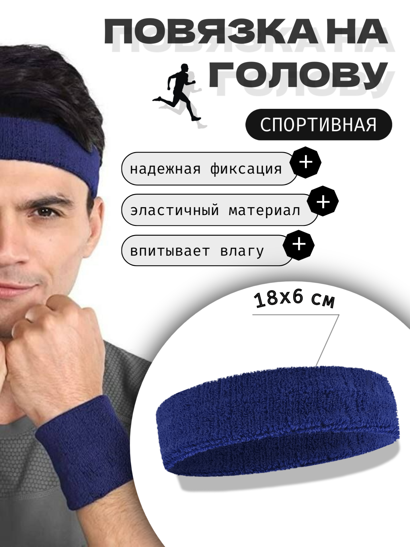 Повязка на голову спортивная, влаговпитывающая, эластичная, унисекс, синяя, 18х5,5 см.