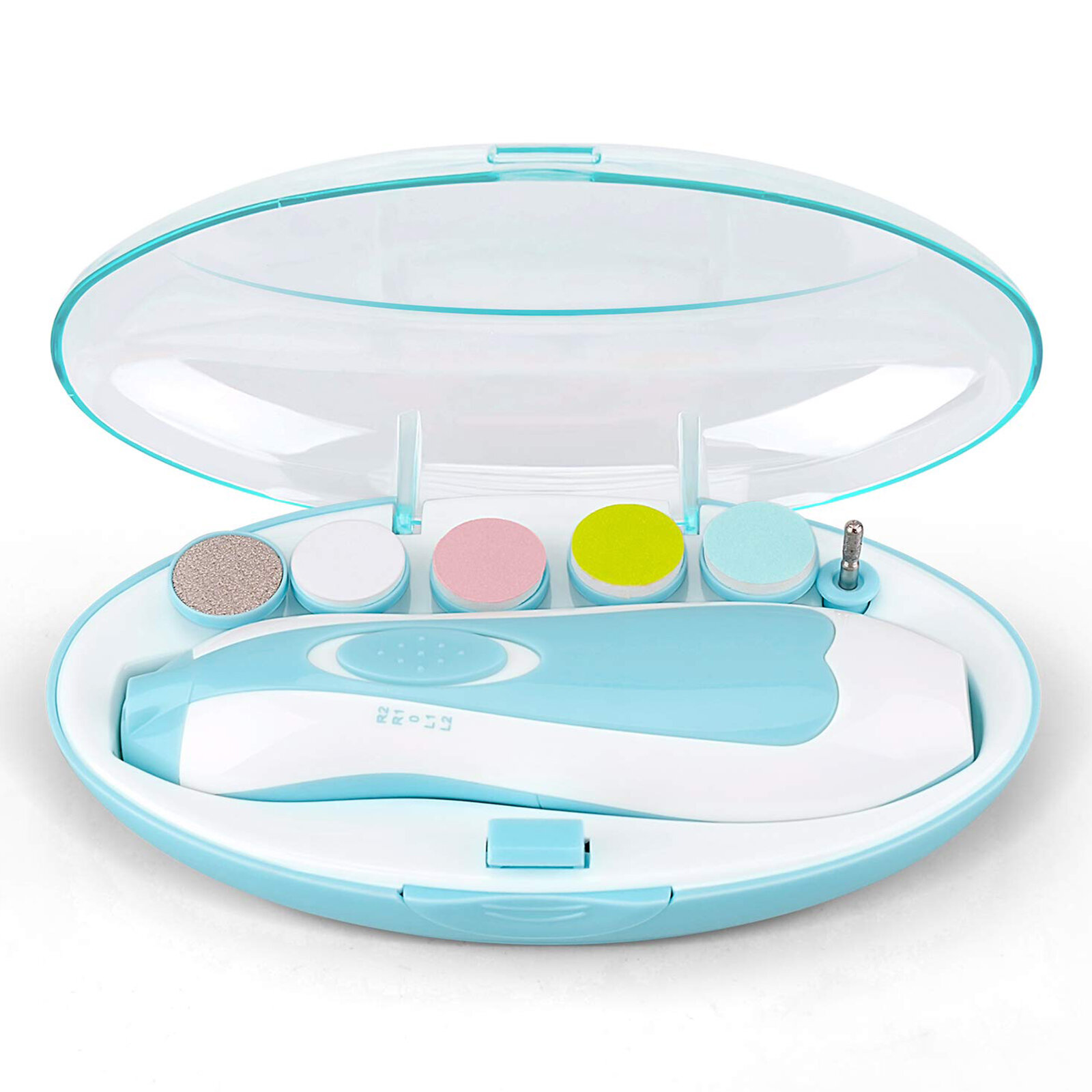 Электрический пилок для ногтей детский 6 в 1, Без острых когтей, Без травм, Безопасный нож, Триммер, Клиппер, Материал ABS, Длина 13см, Ширина 4см, Питание 2 батарейки AA (не включены), 1 шт Пилок, 6 шт Головок для триммера