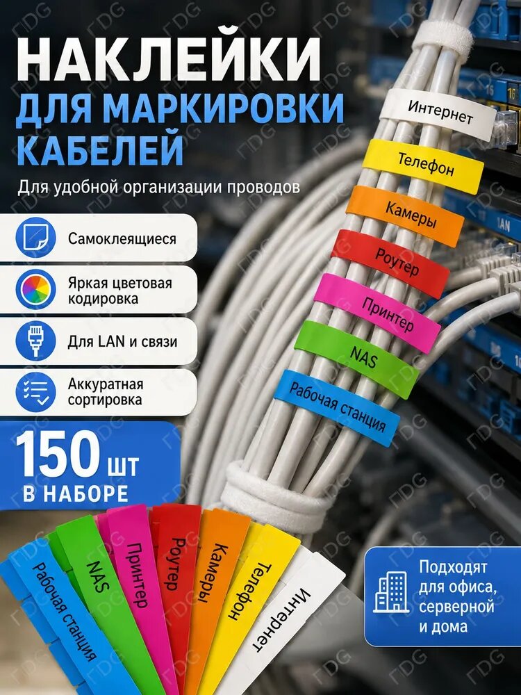 Маркеры для кабеля 150 шт, наклейки для маркировки проводов, цветные бирки для LAN, роутера и сетевых кабелей