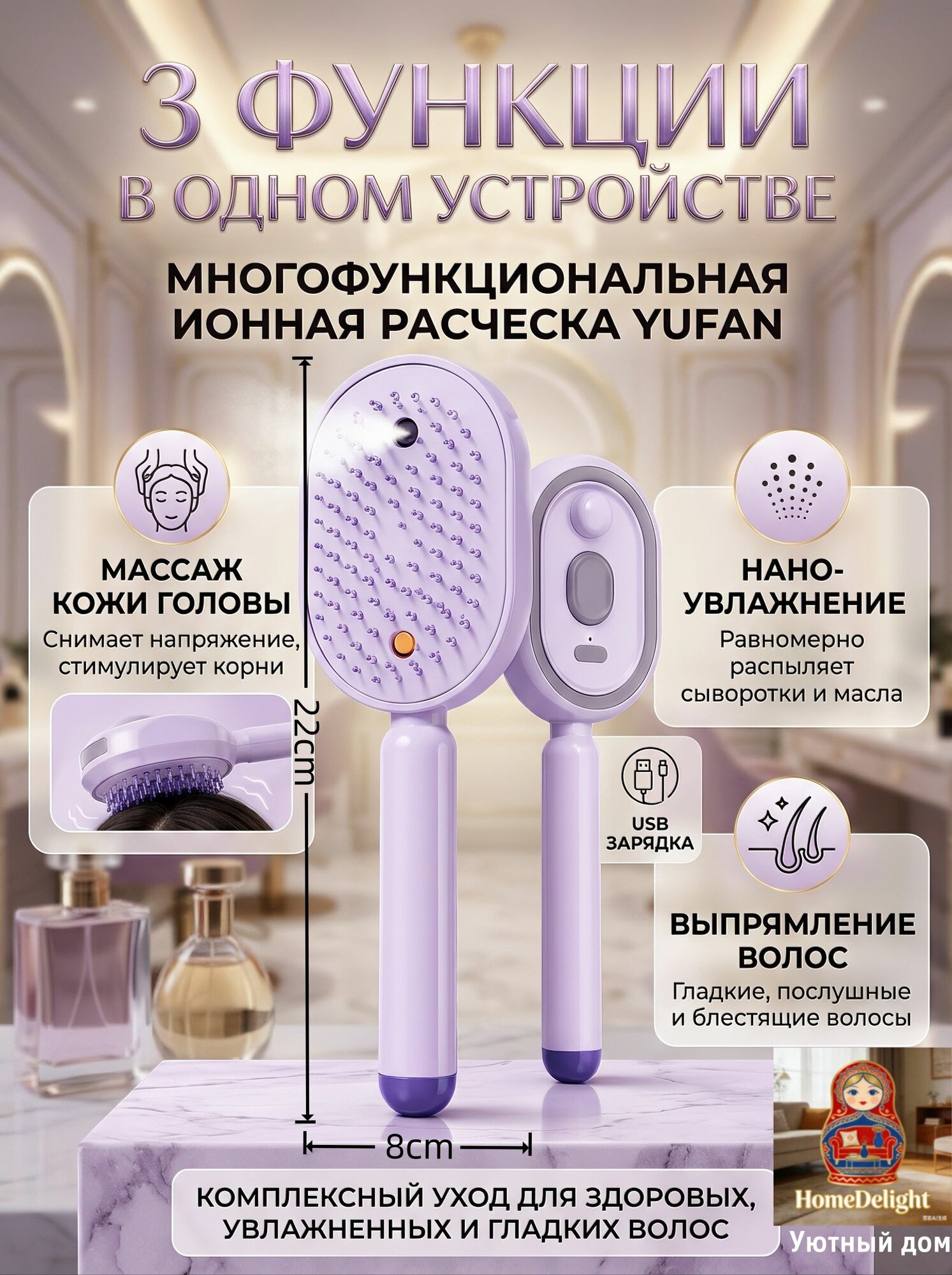 Расческа YUFAN с нано-спреем и массажем, ионное выпрямление, 22 см, для ухода за волосами, щетка