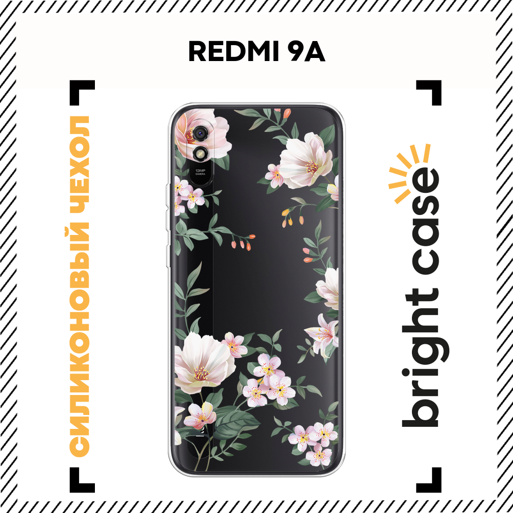 Чехол на Xiaomi Redmi 9A / Сяоми Редми 9A с принтом С цветами белыми, прозрачный