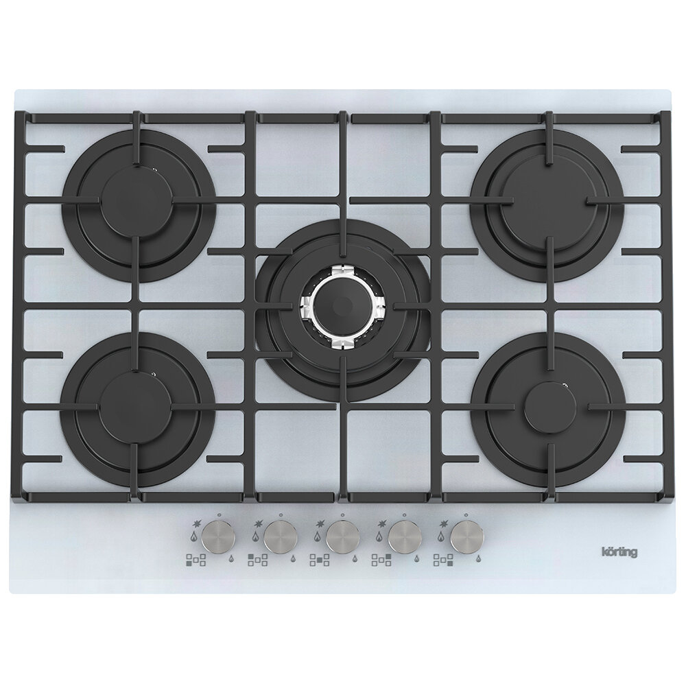 Газовая варочная панель Korting HGG 7835 CTW ширина 70 см, 5 конфорок, WOK, электроподжиг, белое стекло