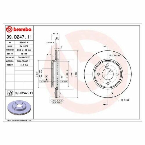 Тормозной диск передний Brembo 09D24711 для Suzuki Baleno, Swift V