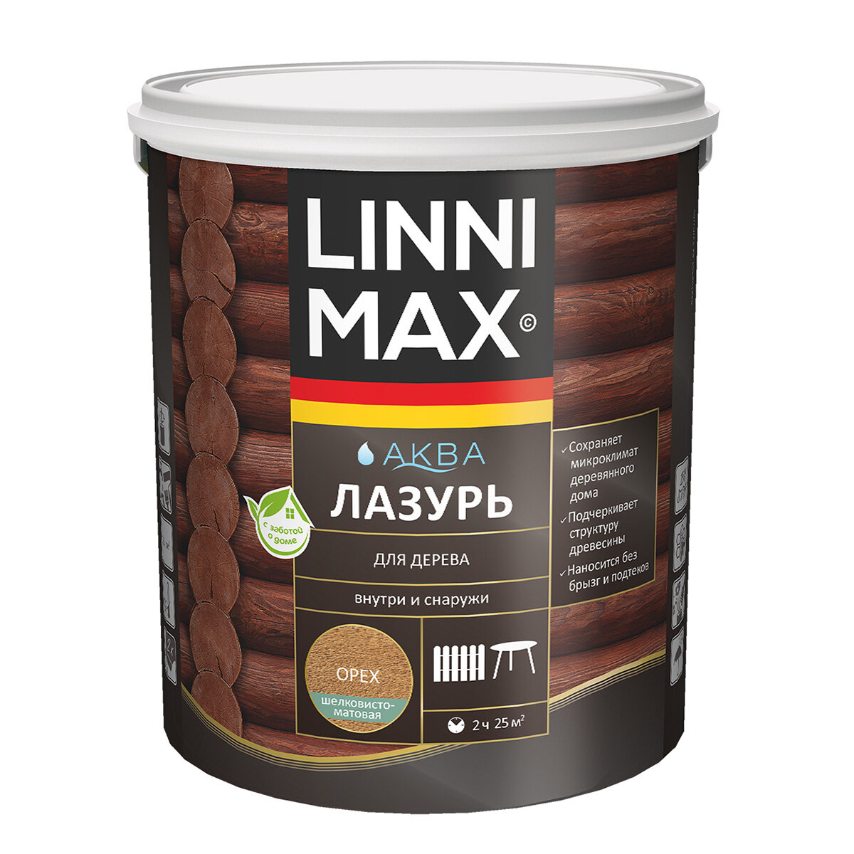 Лазурь деревозащитная Linnimax аква, орех, шелковисто-матовая, 2.5 л