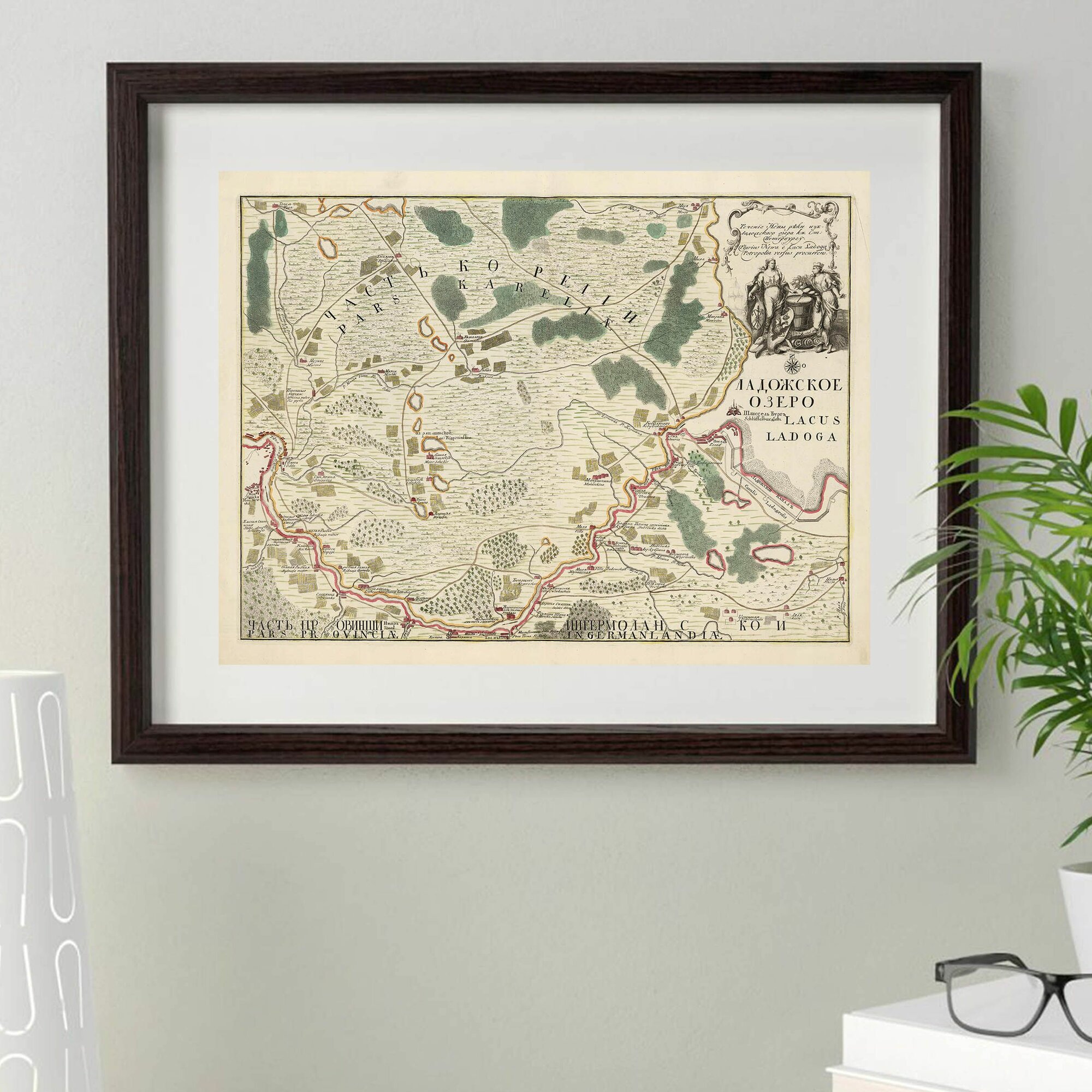 Ретро карта Ладожское озеро 1741 год, без рамы, размер 50 x 70 см