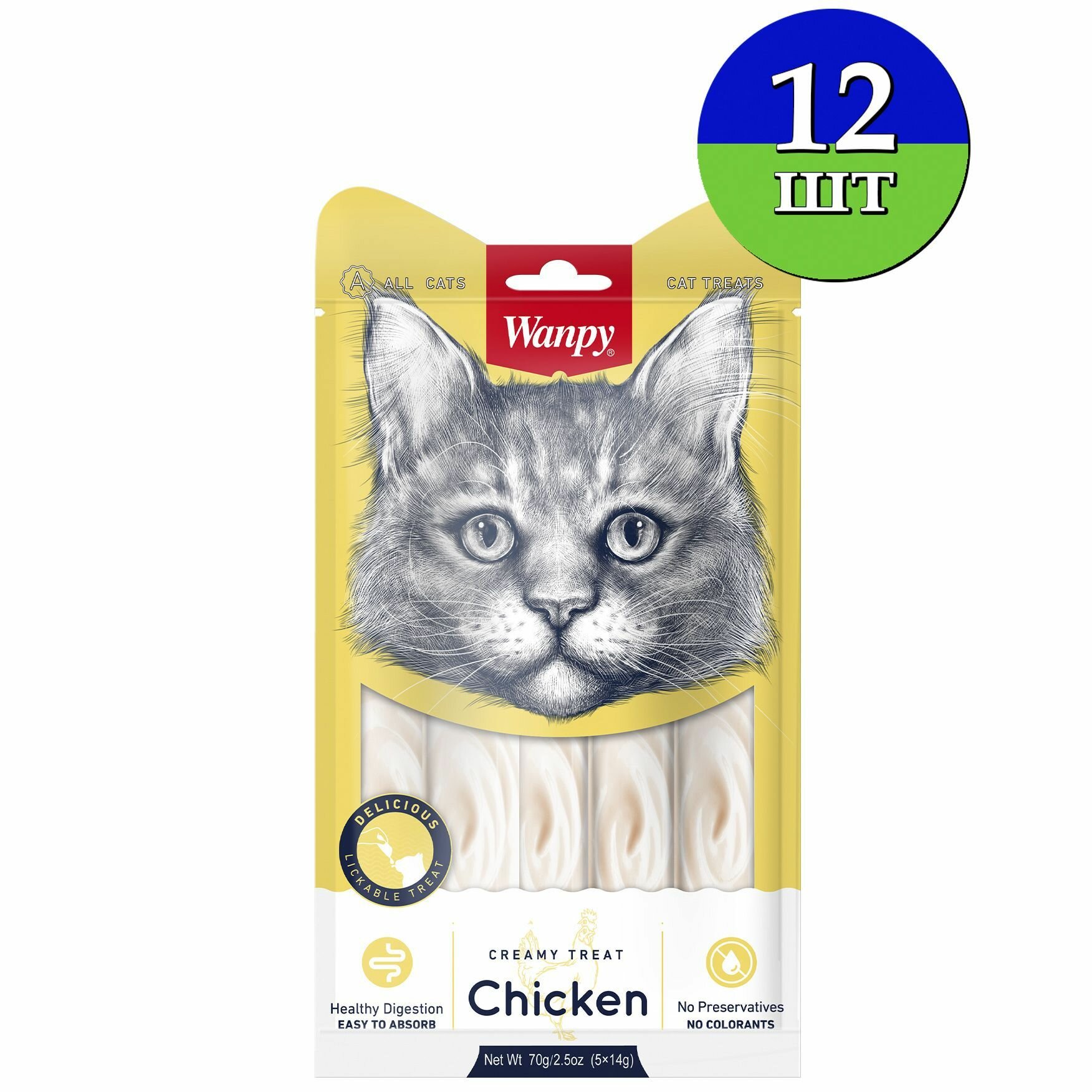 Лакомство для кошек Wanpy Нежное пюре из курицы, 840 гр (70 гр х 12 шт)