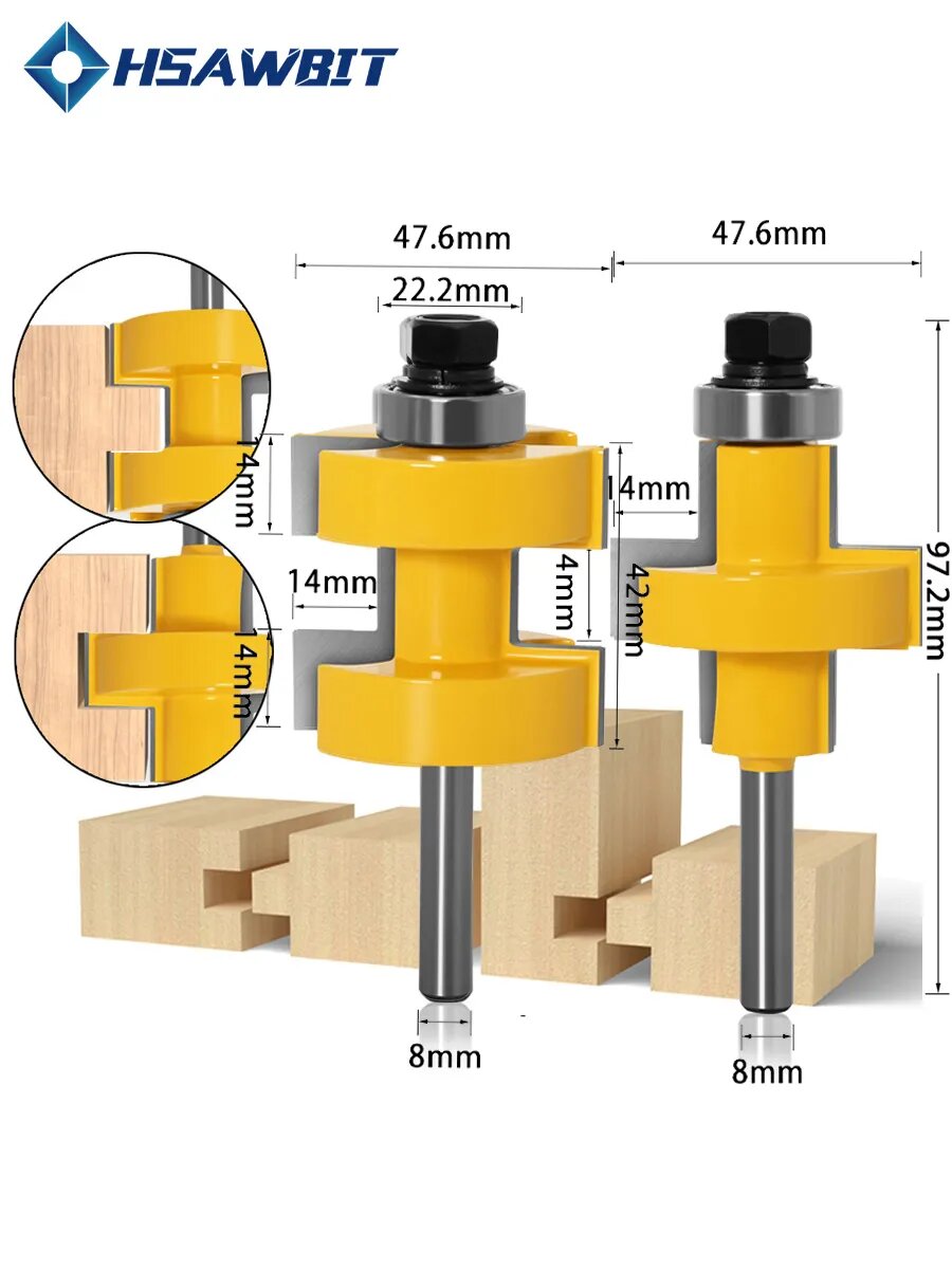 Набор фрез по дереву пазо-шиповых, хвостовик 8мм