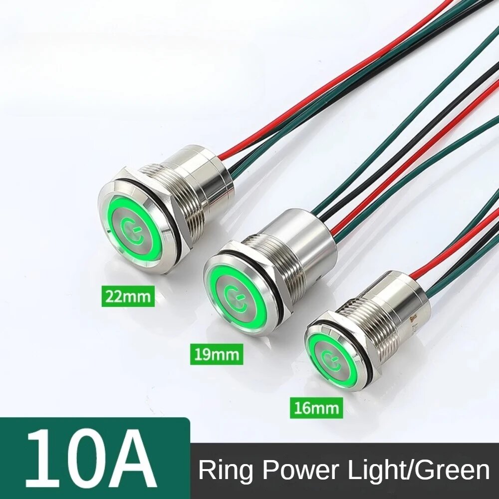 Кнопочный переключатель 10A, Green Power Light, 12-24V