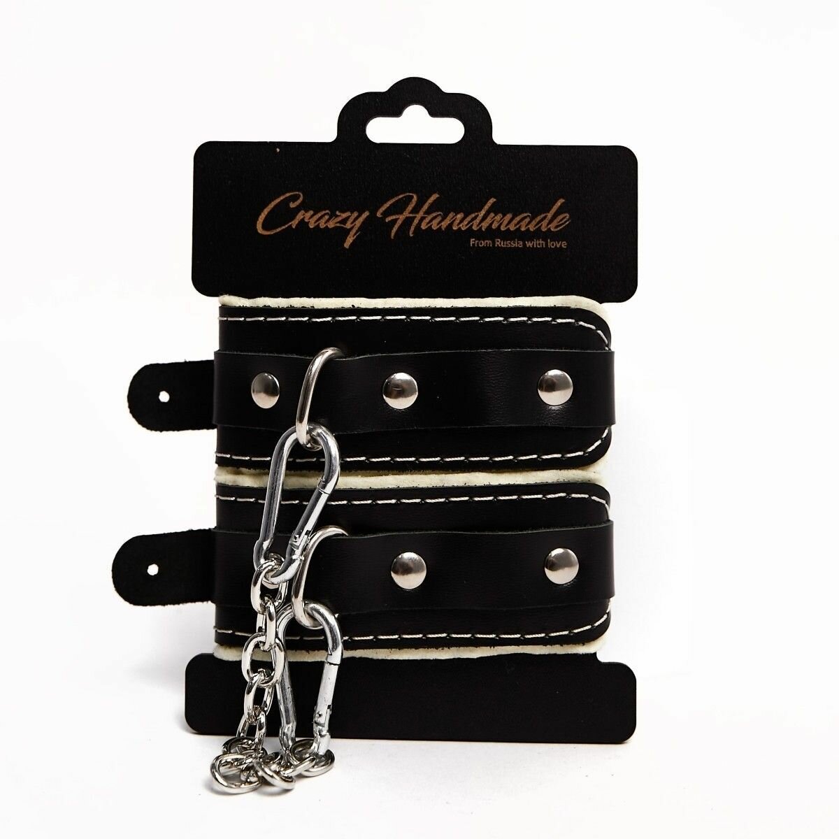 Черные наручники с мягкой бежевой подкладкой, натуральная кожа, металл