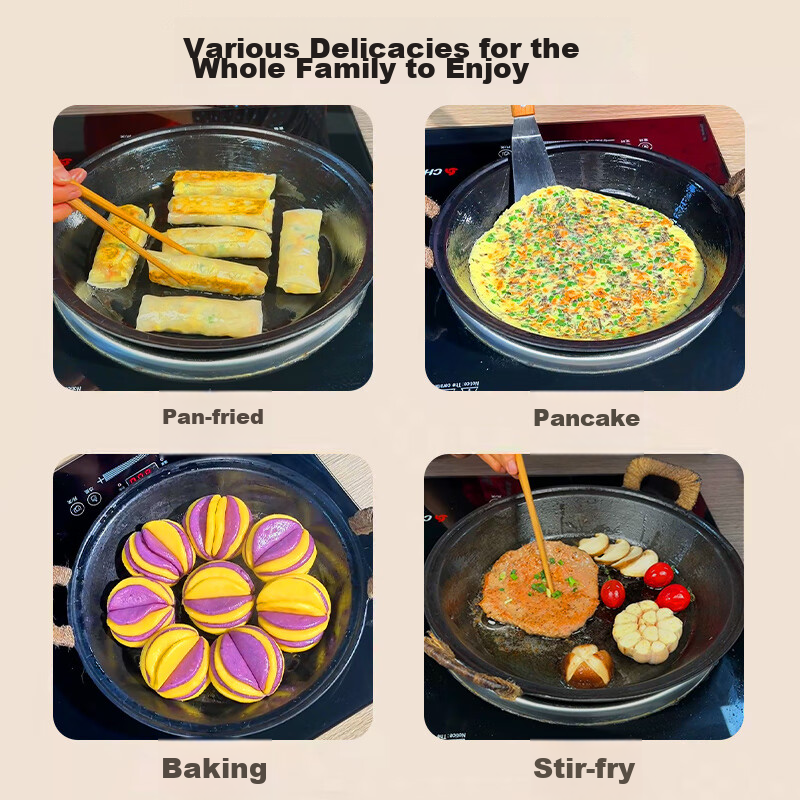 Wang Yuanji Cast Iron Grilling Pan, Barbecue Plate, Traditional Handmade Iron Pan, Specialized for Steamed Buns, Flat Bottom Iron Pan, Frying Pan, 30cm