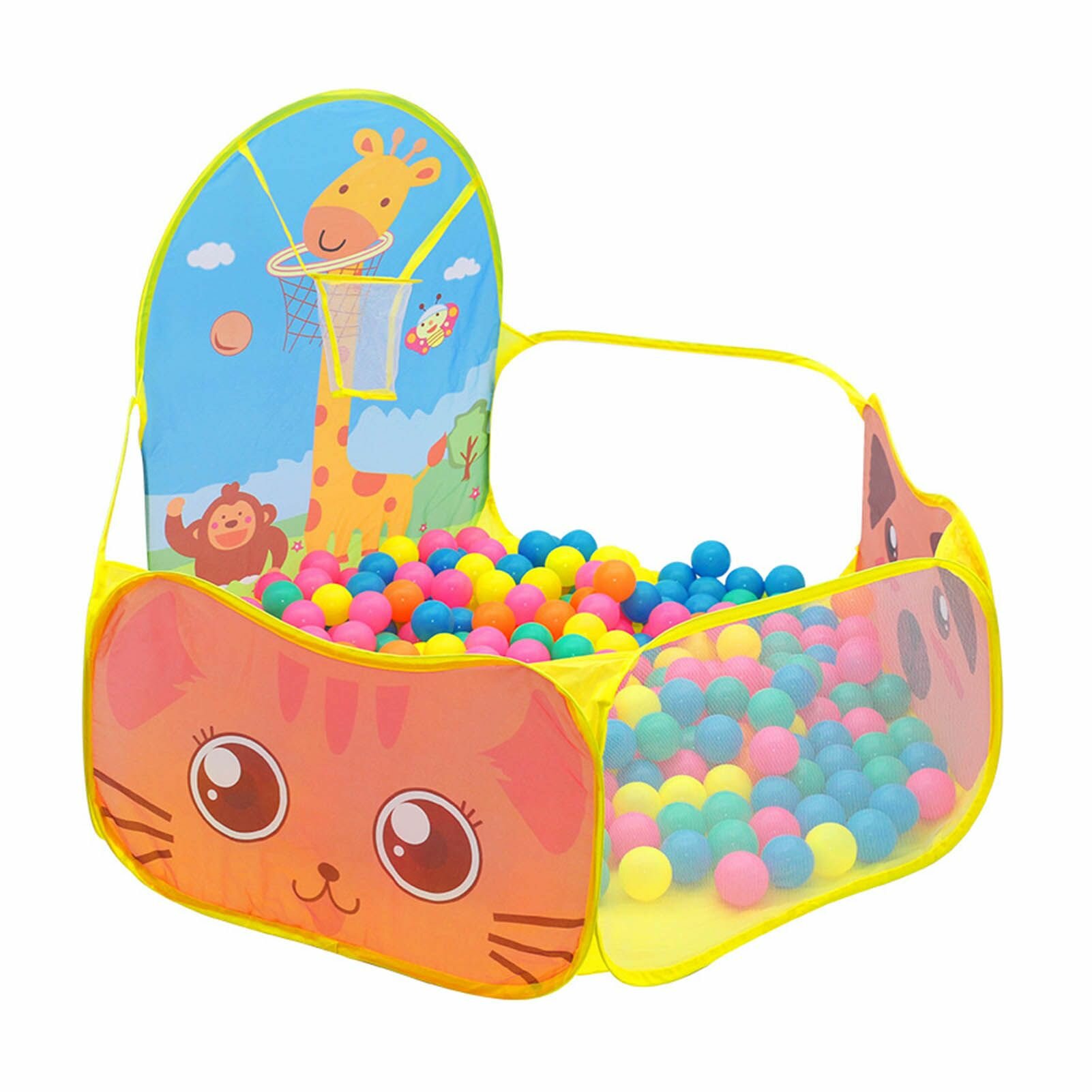 Желтый детский складной игровой бассейн с шариками и палаткой-жирафом, мультяшный дизайн, включает баскетбольное кольцо для девочек и мальчиков, портативный и складной