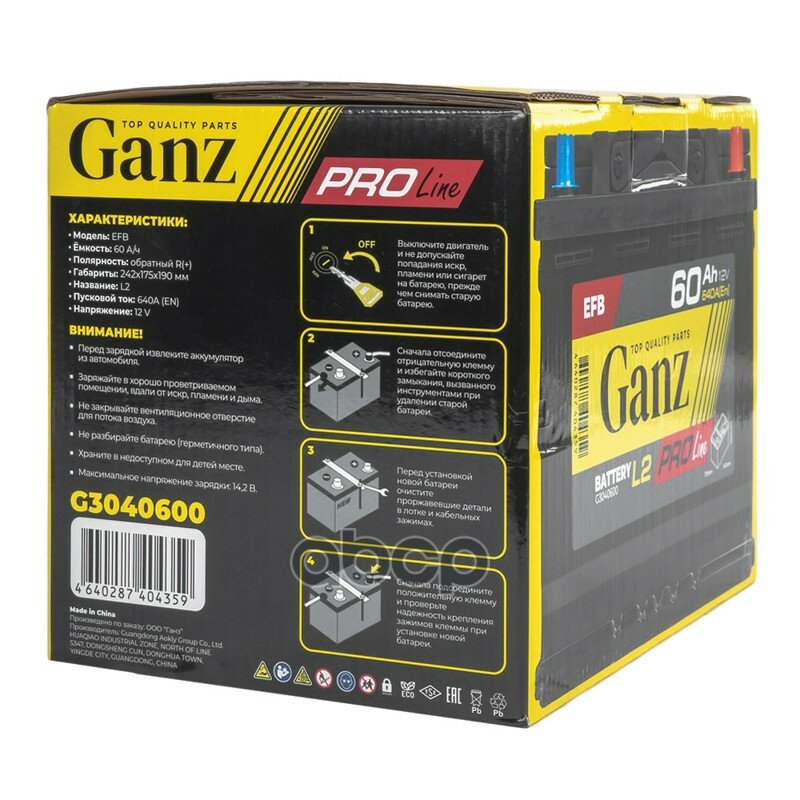 Аккумулятор GANZ PRO-Line EFB 60 А/ч обратный R+ 242x175x190 L2 EN 640 А GANZ арт. G3040600