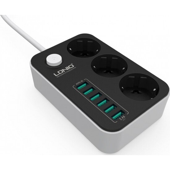 Сетевой удлинитель LDNIO SE3631 2м + ЗУ на 6 USB, 3 розетки (медь) - 2500W, USB - 17W, Black&Gray
