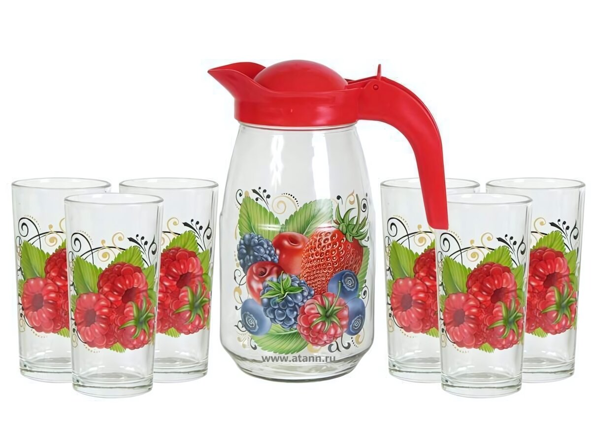 Набор для воды 7 предметов 'Ягодный фреш' стекло, ягоды, зеленые листья