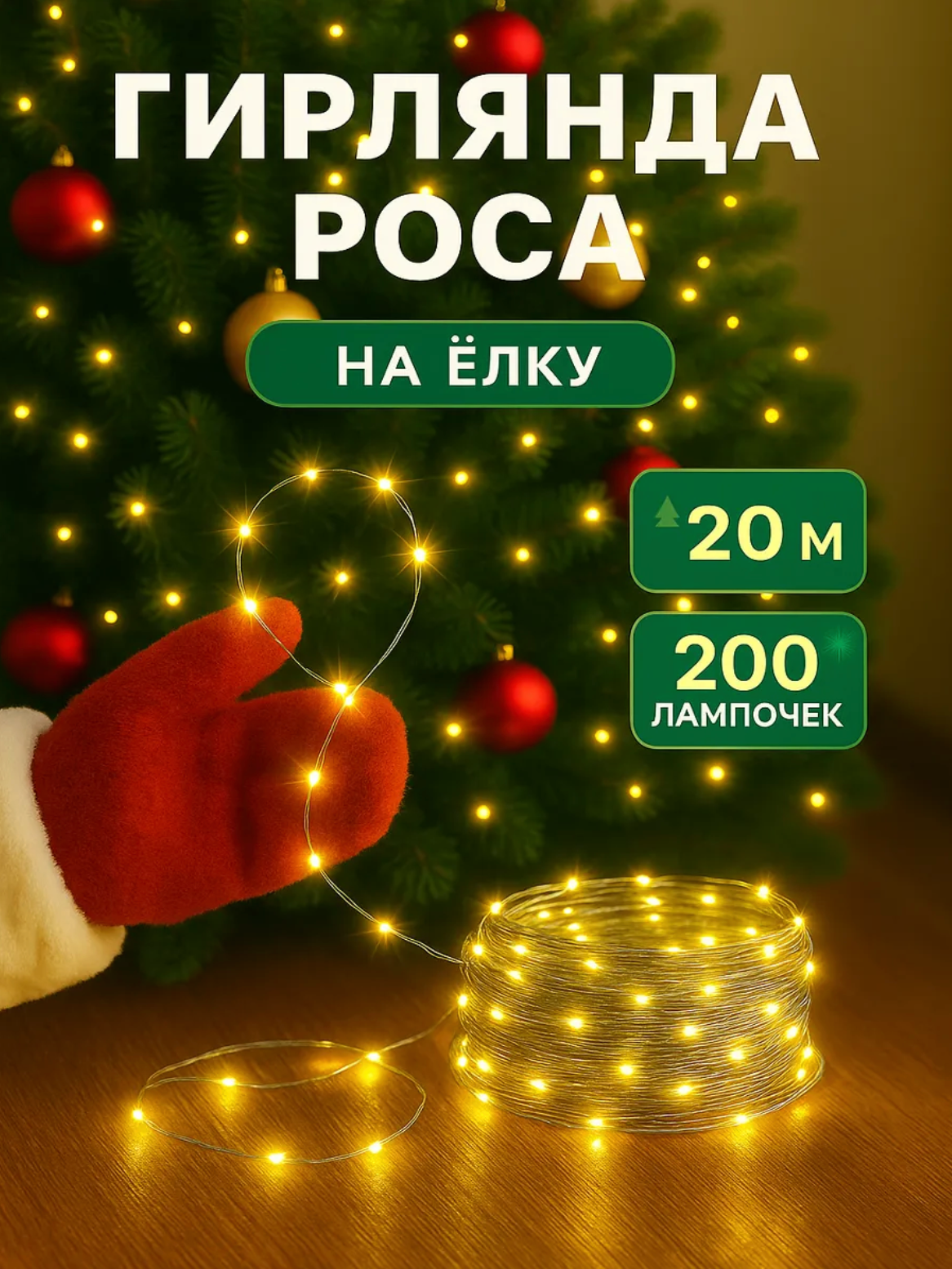 Гирлянда нить "Роса" светодиодная, новогодняя гирлянда, работа от сети, 20 метров, желтые диоды на прозрачном проводе