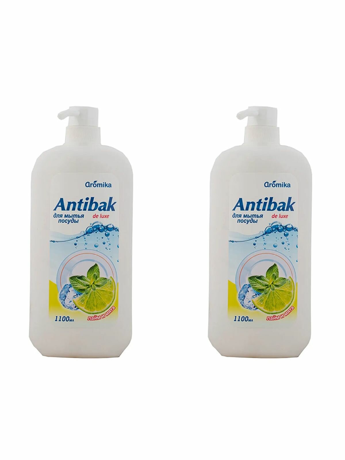 Aromika Средство для ручного мытья посуды, Antibak de luxe, лайм и мята, 1100 мл, 2 шт