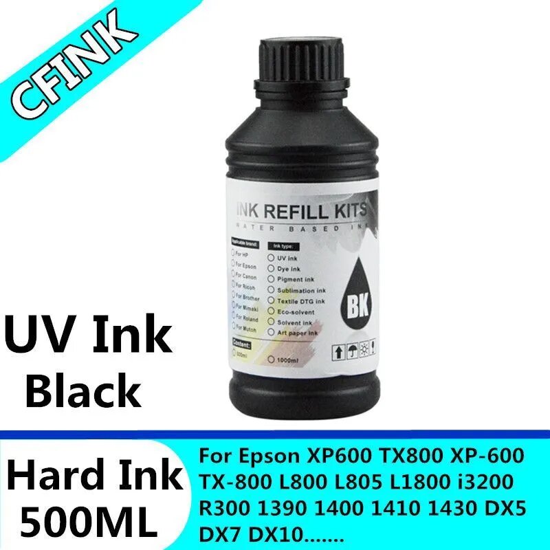 Краска полиграфическая Твёрдые чернила, Чернила УФ для UV принтеров 500 ml принтера Epson L1800 i3200 R330, совместимый, Черный (black), 1 шт