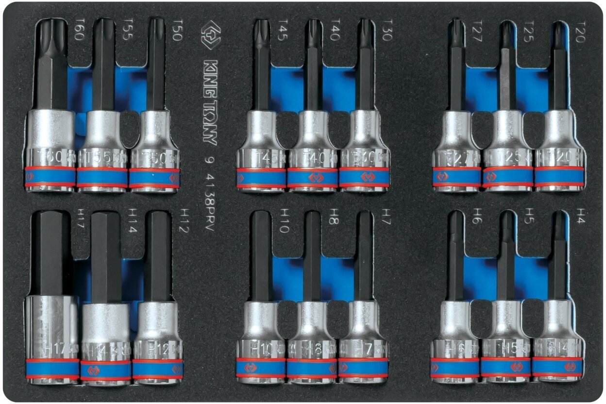 Набор торцевых насадок 1/2", Torx, Hex, L = 80 мм, ложемент, 18 предметов KING TONY 9-4138PRV