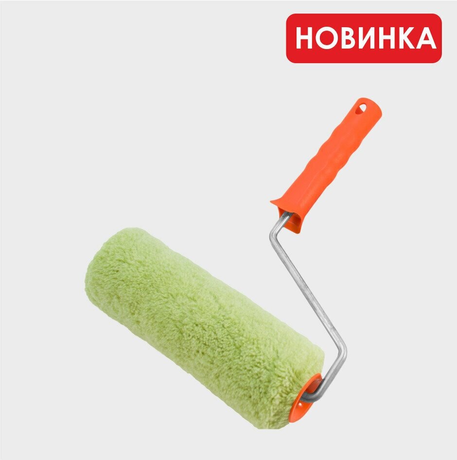 Малярный валик с эргономичной пластиковой ручкой 8 мм из полиакрила зеленый фасадный для эмалей, шероховатая поверхность, диаметр 60 мм, размер - 250 мм, ворс 18 мм