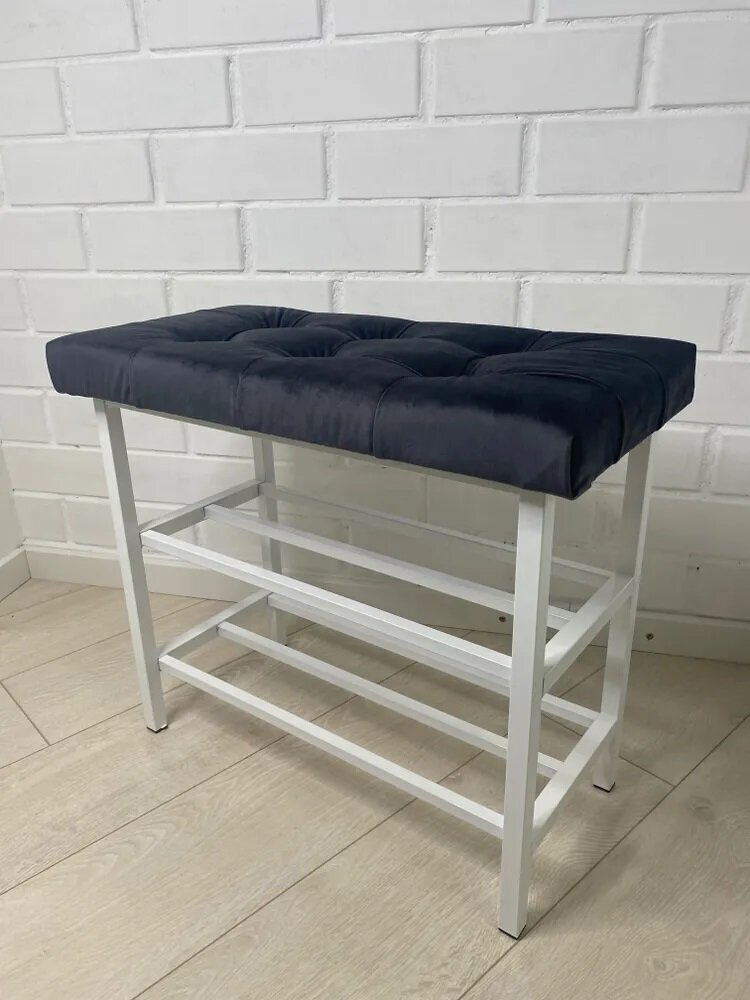 Банкетка для обуви NGVK 60 см темно-серая на белом каркасе Обувница мягкая Подставка для обуви на металлическом каркасе Этажерка для обуви