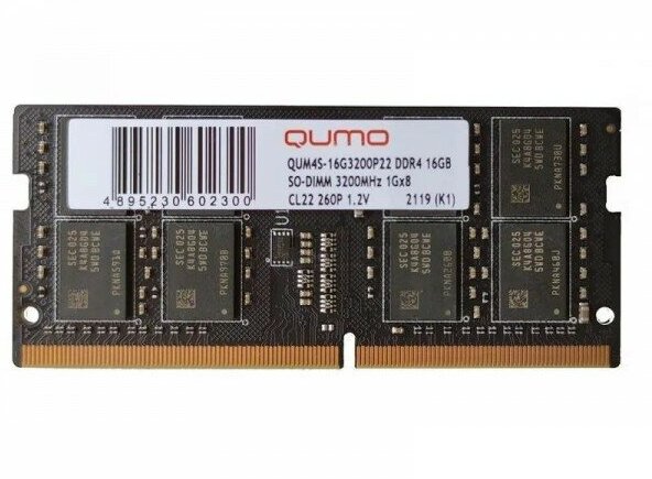 Оперативная память Qumo, DDR4, 16GB (1x16GB), 3200MHz, CL22, SO-DIMM