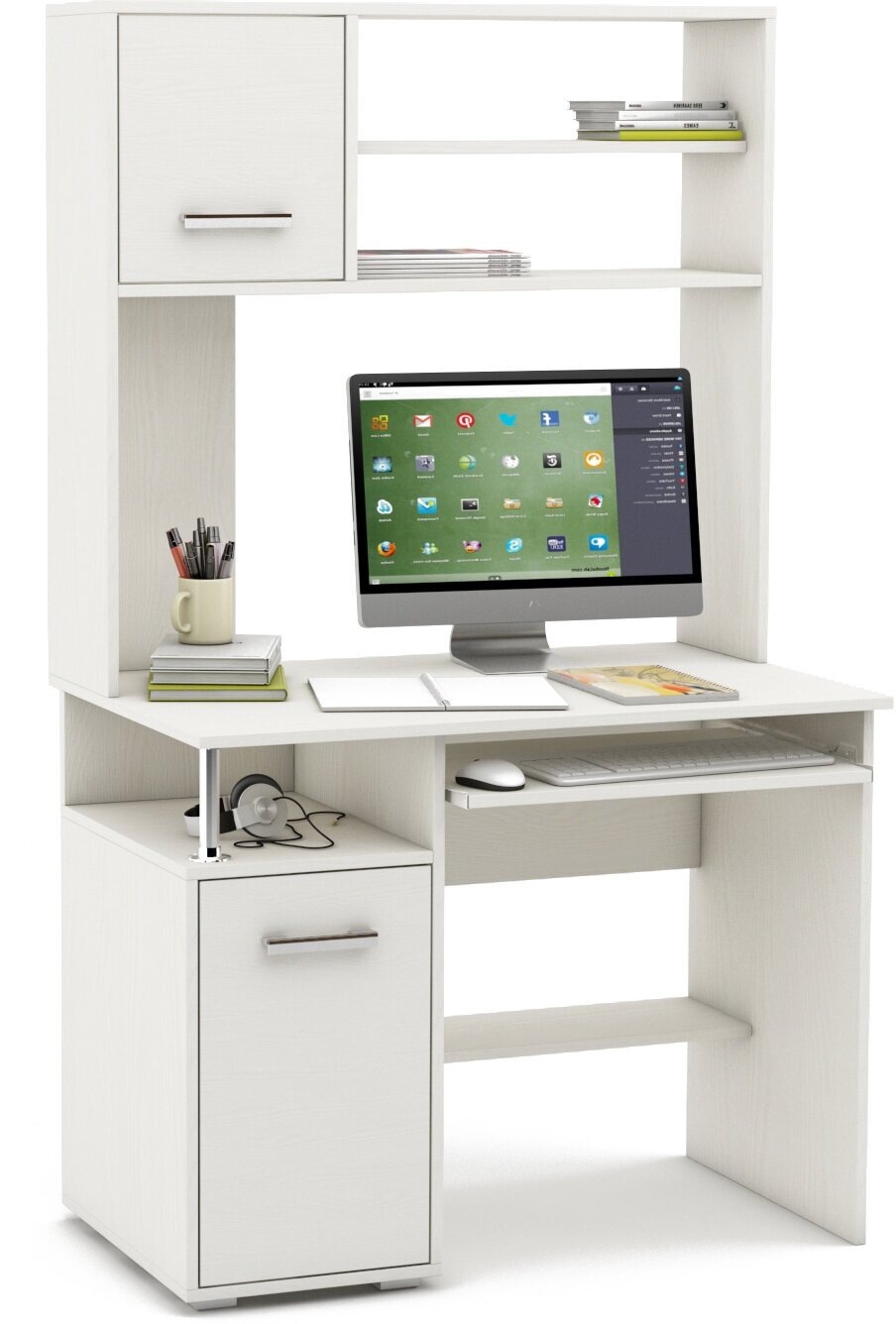 Компьютерный стол Амбер (Реал) 14К, ЛДСП, надстройка и полка для клавиатуры, 97х60х165см Белое дерево