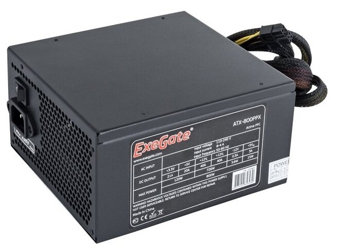 Блок питания 800W ExeGate 800PPX (ATX, APFC, SC, КПД 80% (80 PLUS), 14cm fan, 24pin, 2x(4+4)pin, 6xPCI-E, 8xSATA, 4xIDE, Cable Management, кабель 220V 1,8м с защитой от выдергивания, black, RTL) EX220363RUS-S