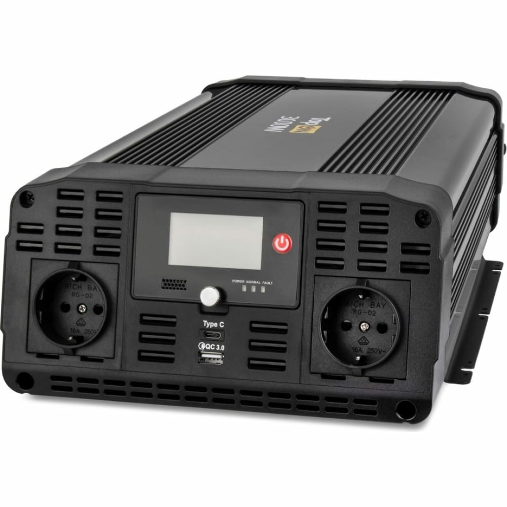 Автомобильный инвертор TopOn 3000w 2 розетки, чистый синус, type-c pd, usb qc, lcd экран, пиковая мощность 6000w черный TOP-PI3000
