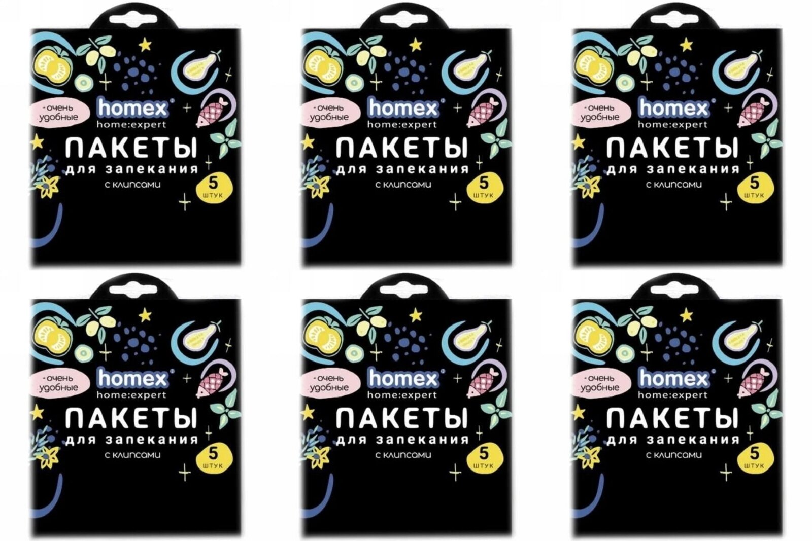 Homex Пакеты для запекания универсальные с клипсами Очень Удобные, 30*40 см, 11 мкм, 5 шт, 6 уп.