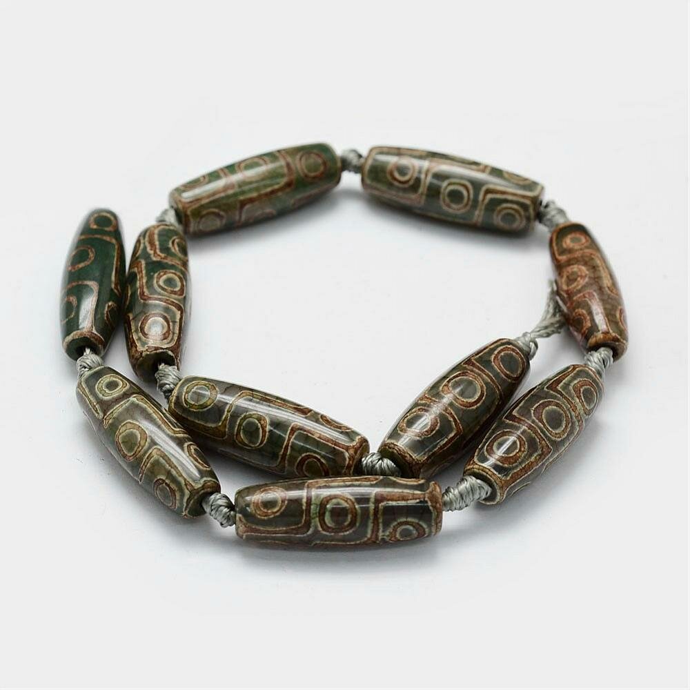 Бусины каменные агат Дзи, 9 глаз, 30х11мм, в серых, бежевых и зеленых тонах, 5 шт, низка