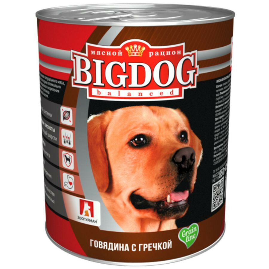 Зоогурман Big Dog Grain line влажный корм для взрослых собак всех пород, с говядиной и гречкой - 850 г x 6 шт