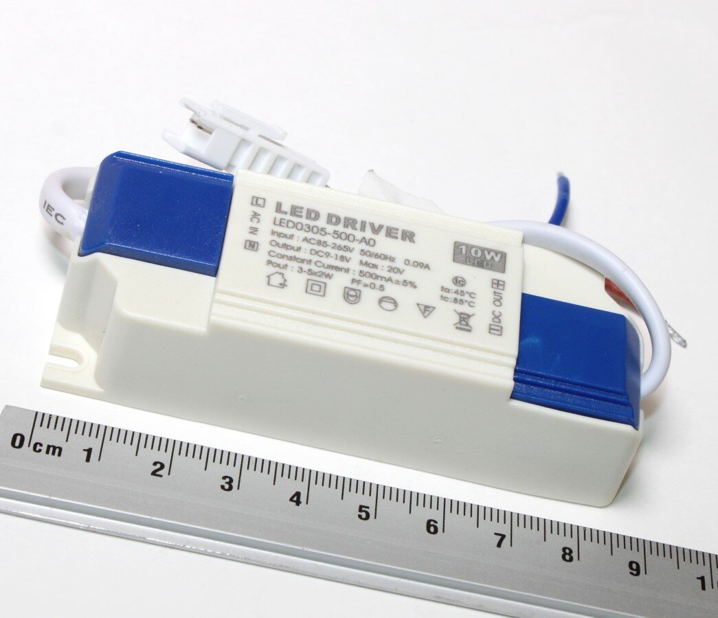 9-18VDC, 500mA, вх.85-265VAC, 10W IC-LED0305-500-A0, Драйвер тока, 86x32x22мм