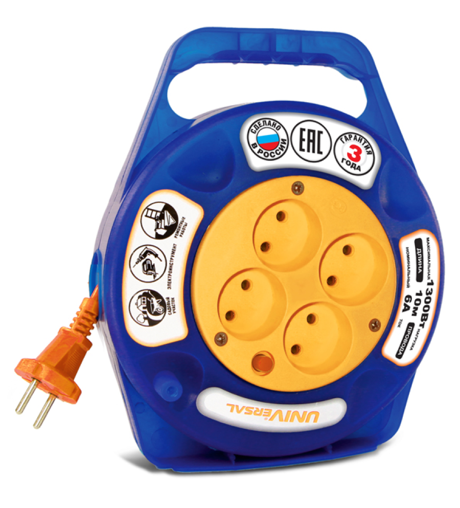 Удлинитель силовой на катушке UNIVersal / Юниверсал У6-015 без заземления провод ПВС 2х0.75 в закрытом корпусе с защитными шторками, 4 розетки, 6А 1.3кВт 10м, 9633900 / электрика