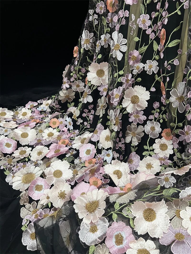 Односторонняя вышитая сетчатая ткань для пошива платьев black khaki