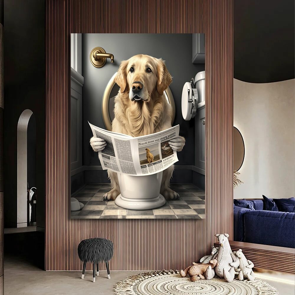 Картина в туалет, собака на унитазе, Золотистый ретривер читает газету, 40х60 см.