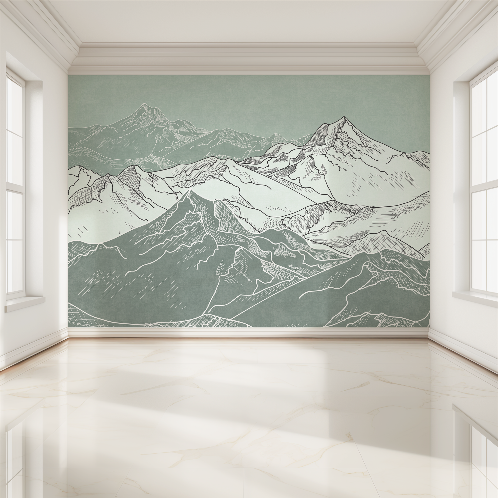 Фотообои 3д на стену "Графичные горы (фисташковые)", флизелиновые 400х270 см на кухню, спальню, зал