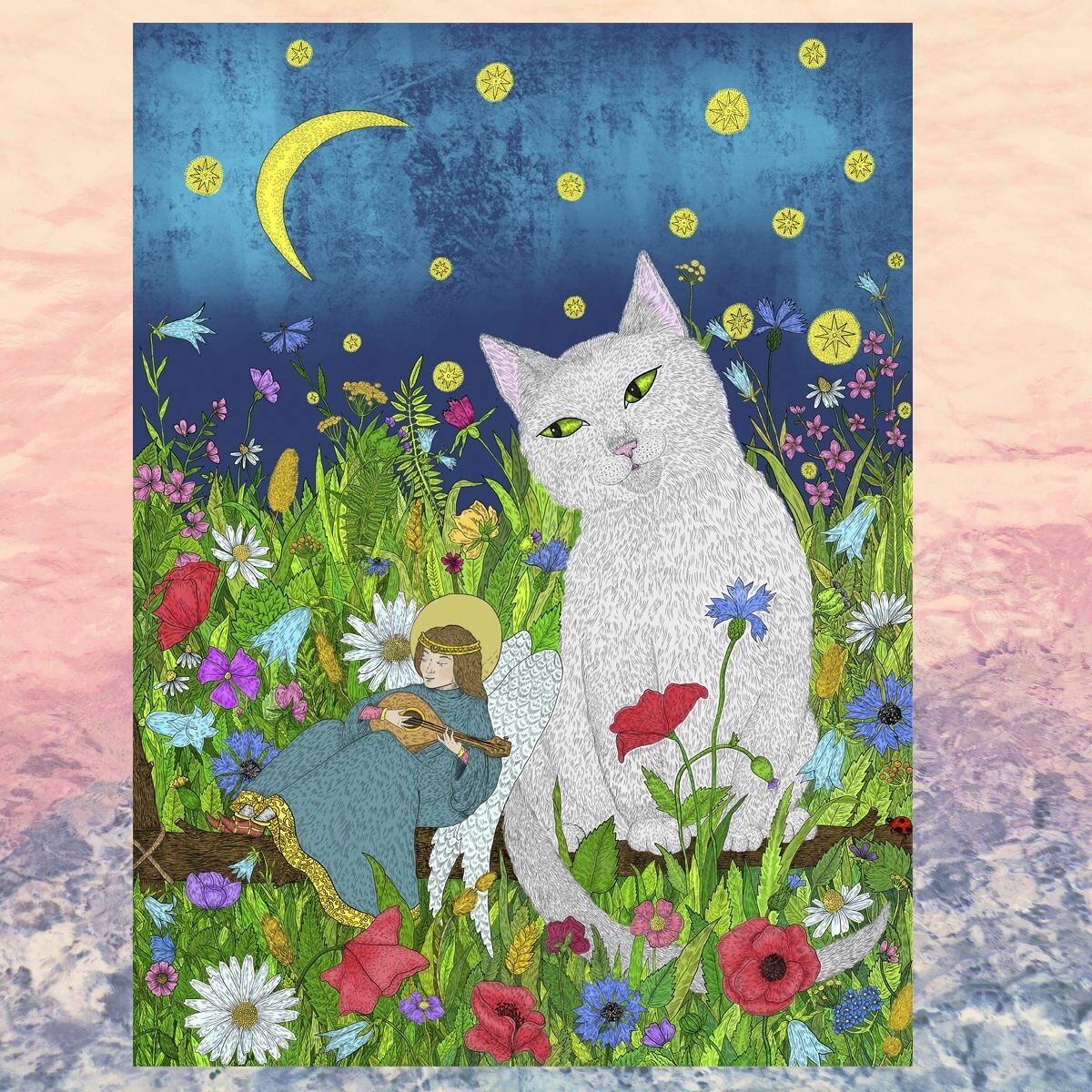 Открытка Тихая ночь Открытка с котом и цветами поздравительная с конвертом