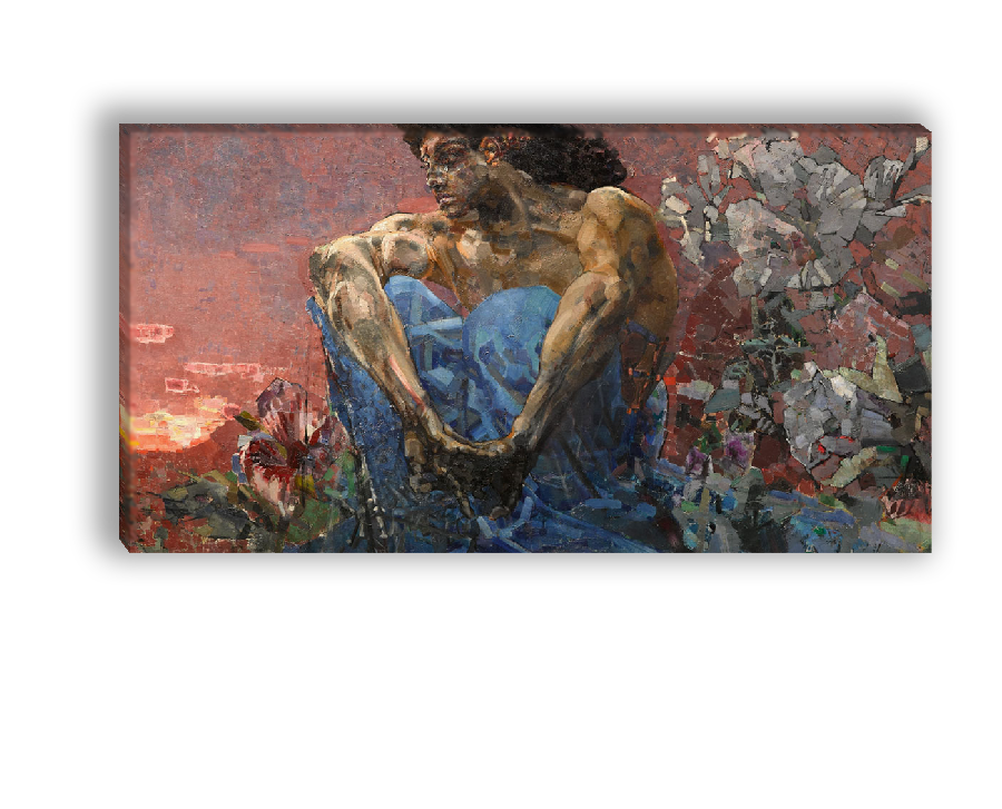 "Демон сидящий", Врубель М. А, картина для интерьера (репродукция) (90х48 см / на подрамнике)