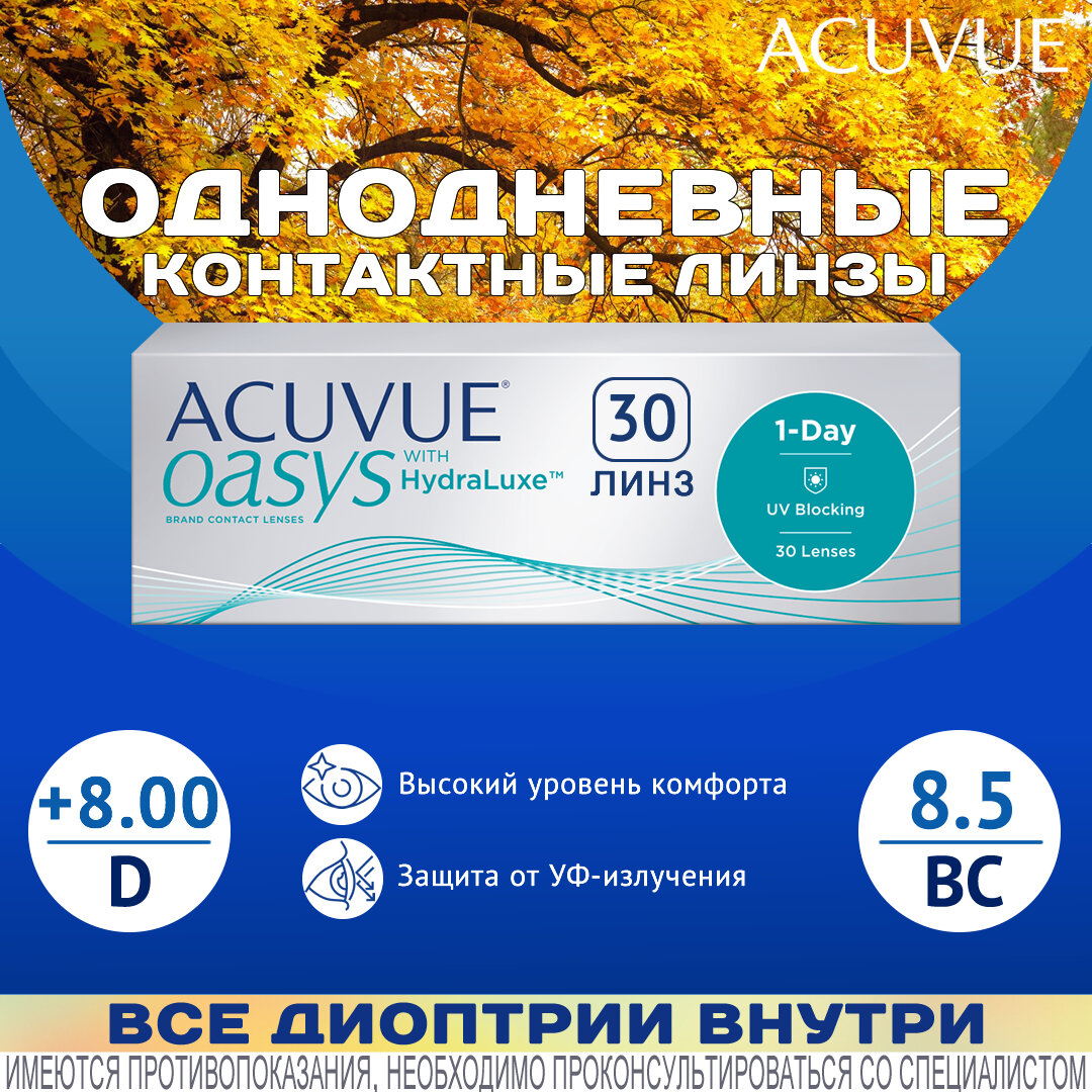 Контактные линзы ACUVUE Oasys 1-Day with HydraLuxe D+8.00, R 8.5, однодневные, 30 шт.