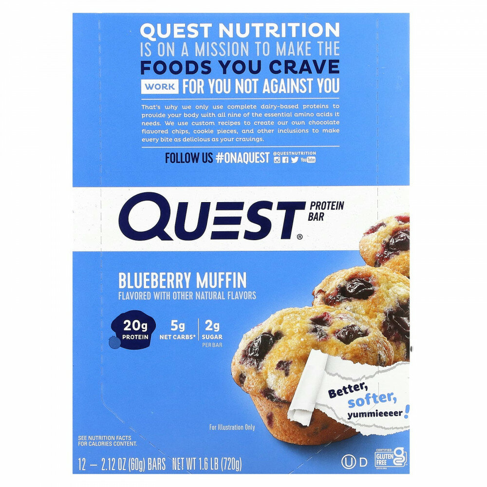 Quest Nutrition, протеиновый батончик, вкус кекса с голубикой, 12 батончиков по 60 г (2,12 унции)