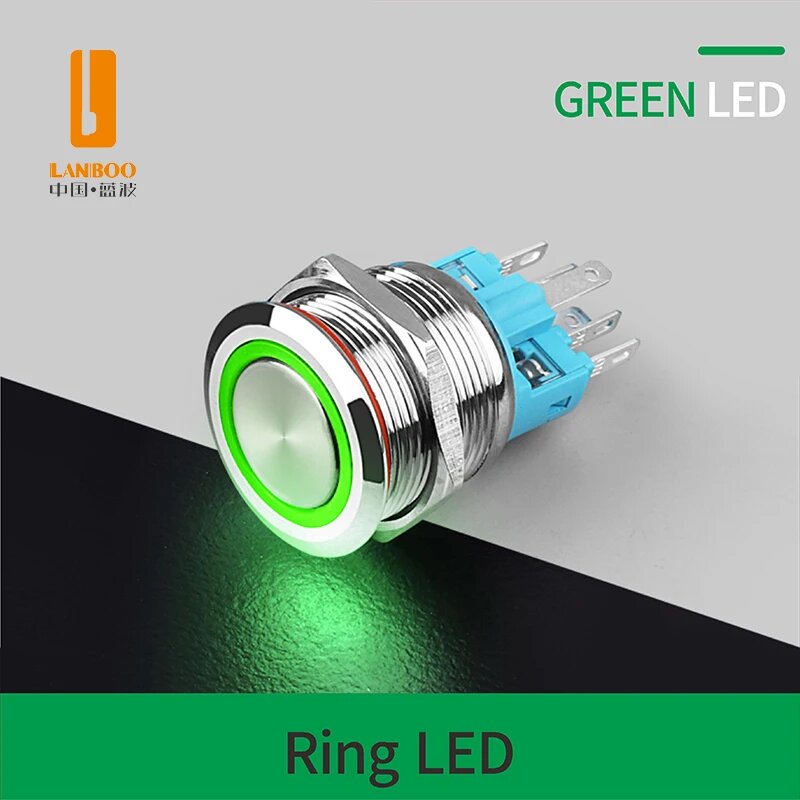 Кнопочный переключатель LANBOO 22B2, Green LED Ring, 9-24V, Latching