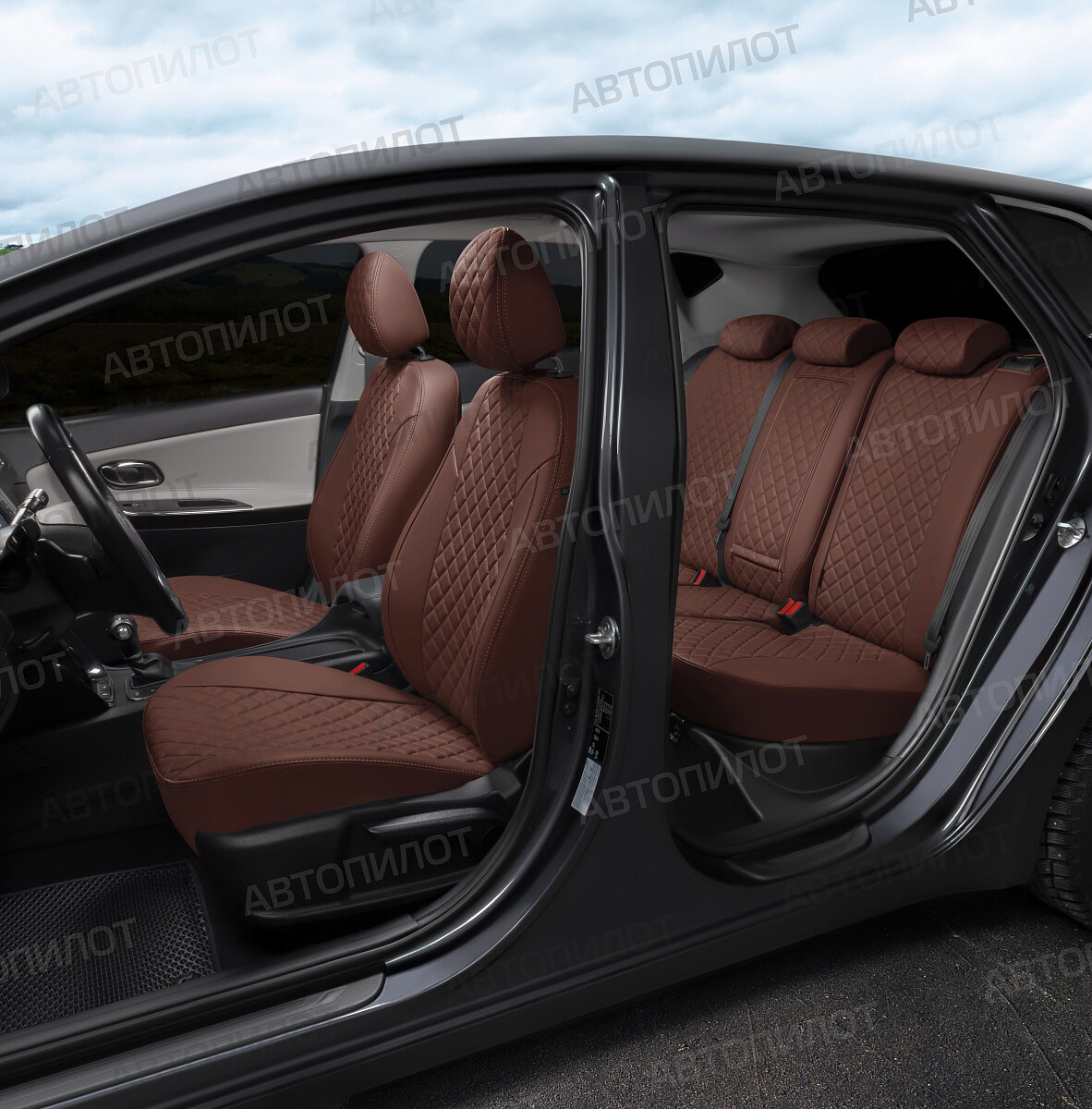 Чехлы Автопилот для Nissan Almera Classic (с подголовниками) с 06-13г. Экокожа, ромб, темно-коричневый, темно-коричневый