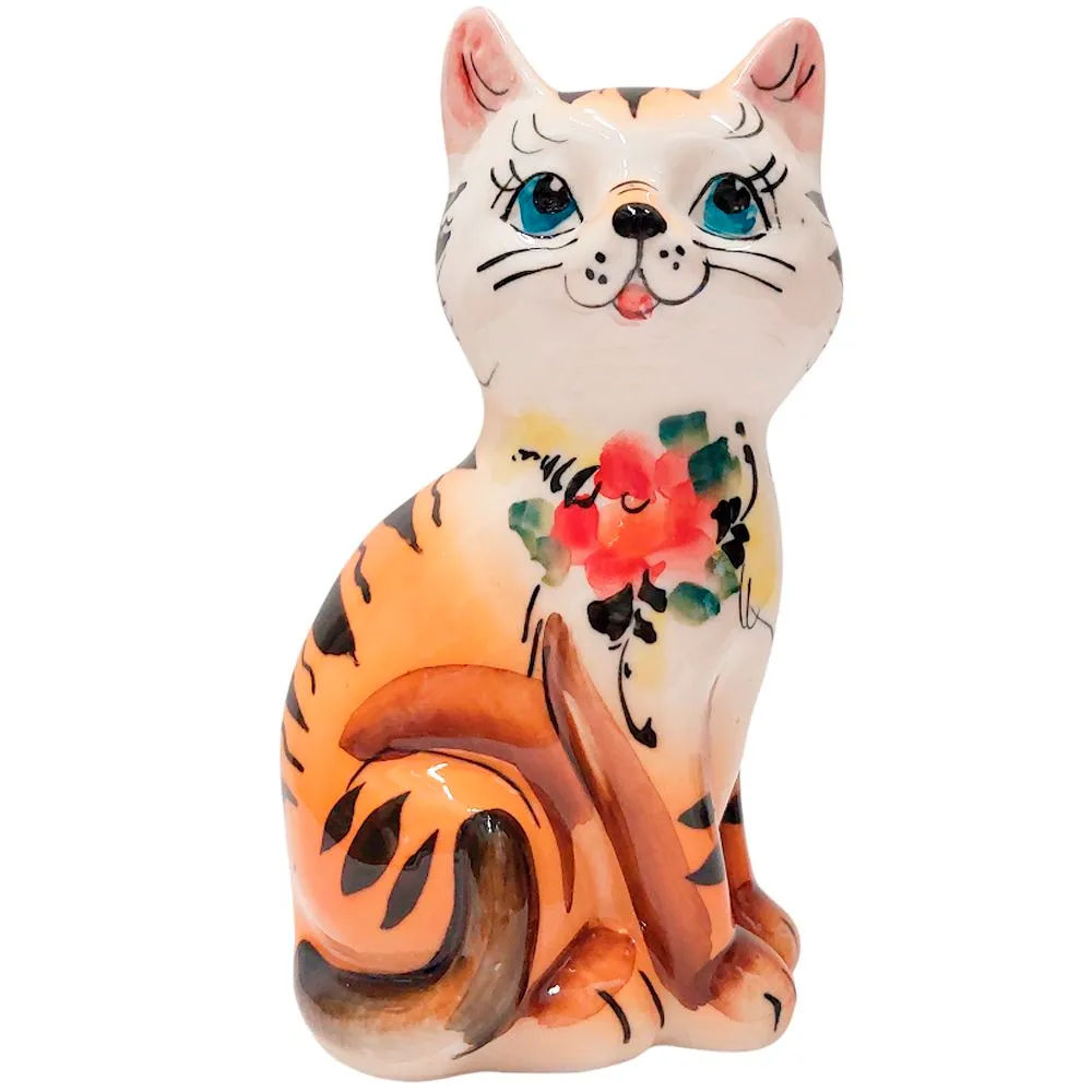 Фарфоровая фигурка ручной работы "Рыжая кошка с цветочком", цветная гжель