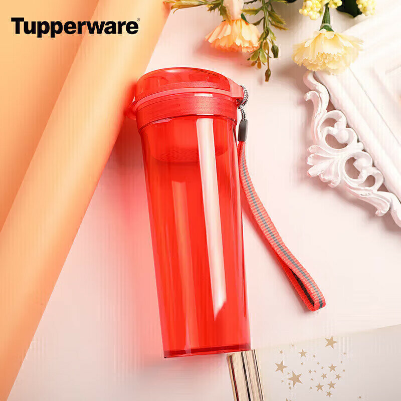 Tupperware Crystal 400ML Plastic Cup, Portable Water Bottle for Male And Female Students And Office Use, Large Capacity with Dual Drinking Spouts, Pomegranate Red