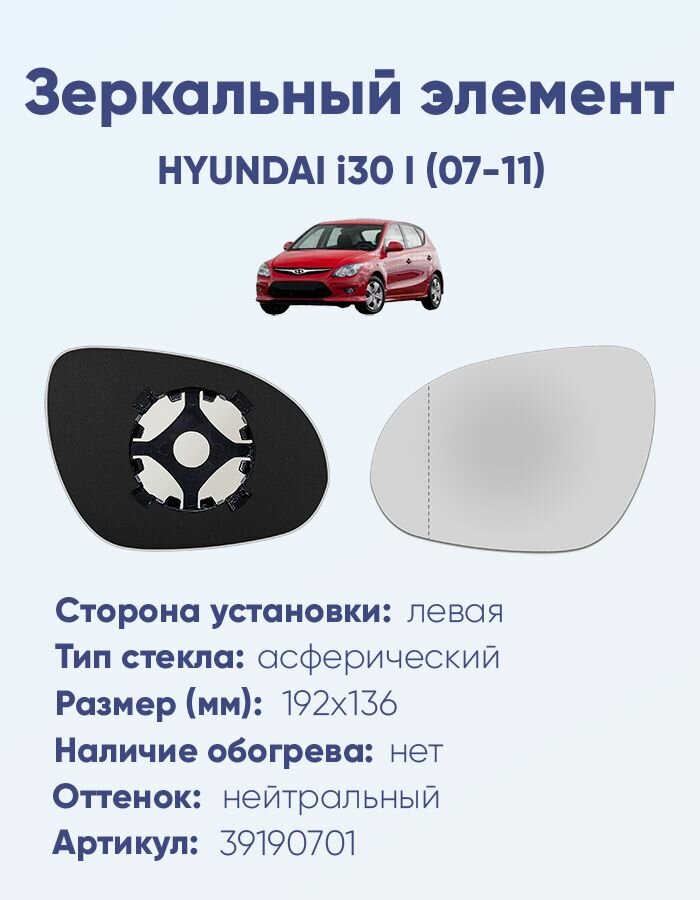Зеркальный элемент левый HYUNDAI i30 I (07-11) асферика нейтральный без обогрева