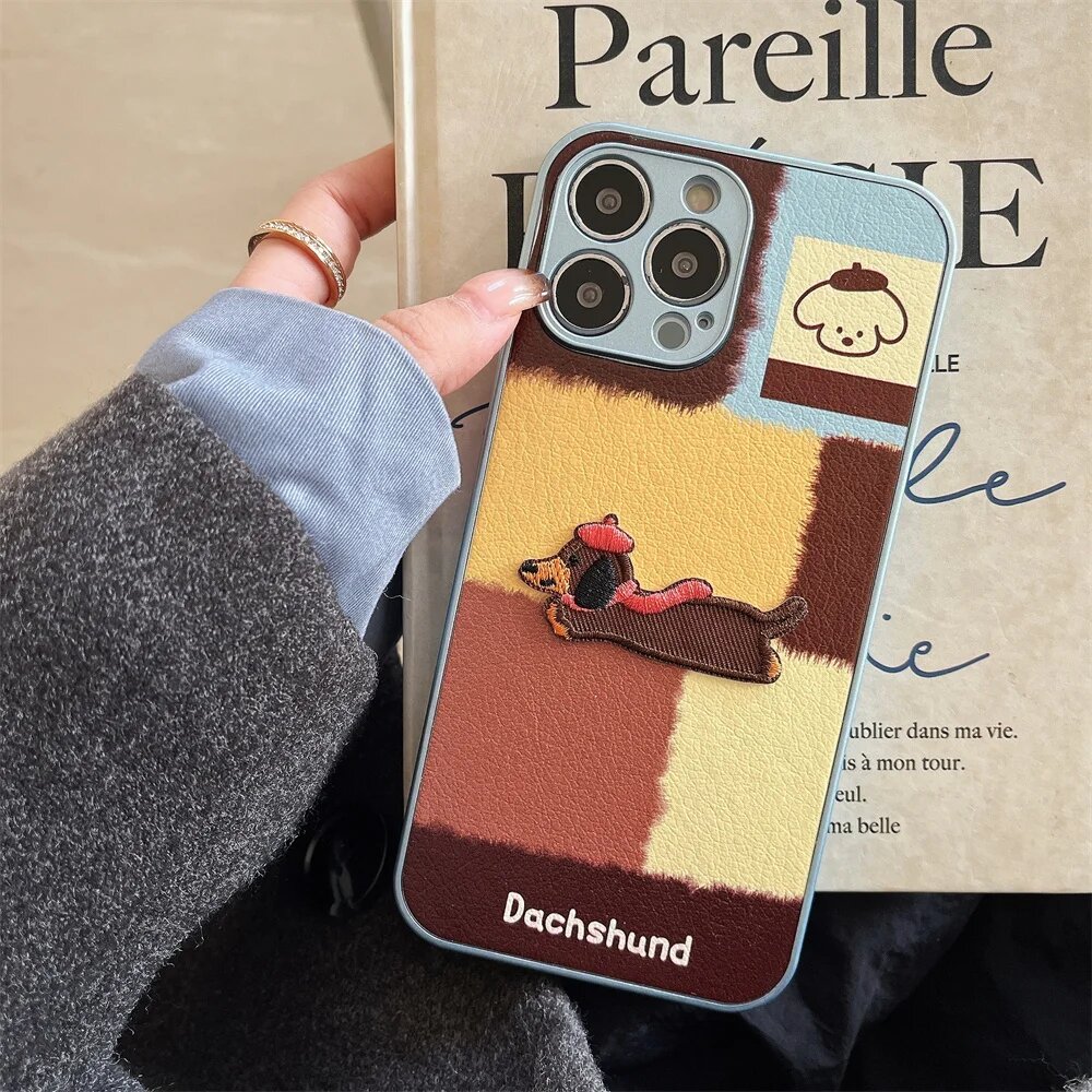 Милый чехол для телефона с изображением щенка таксы и щенка для iPhone 16, 15, 13, 14, 12, Pro Max Plus, мягкий силиконовый чехол с вышивкой в виде животных и сеток Color Block Puppy, For iPhone 16Plus
