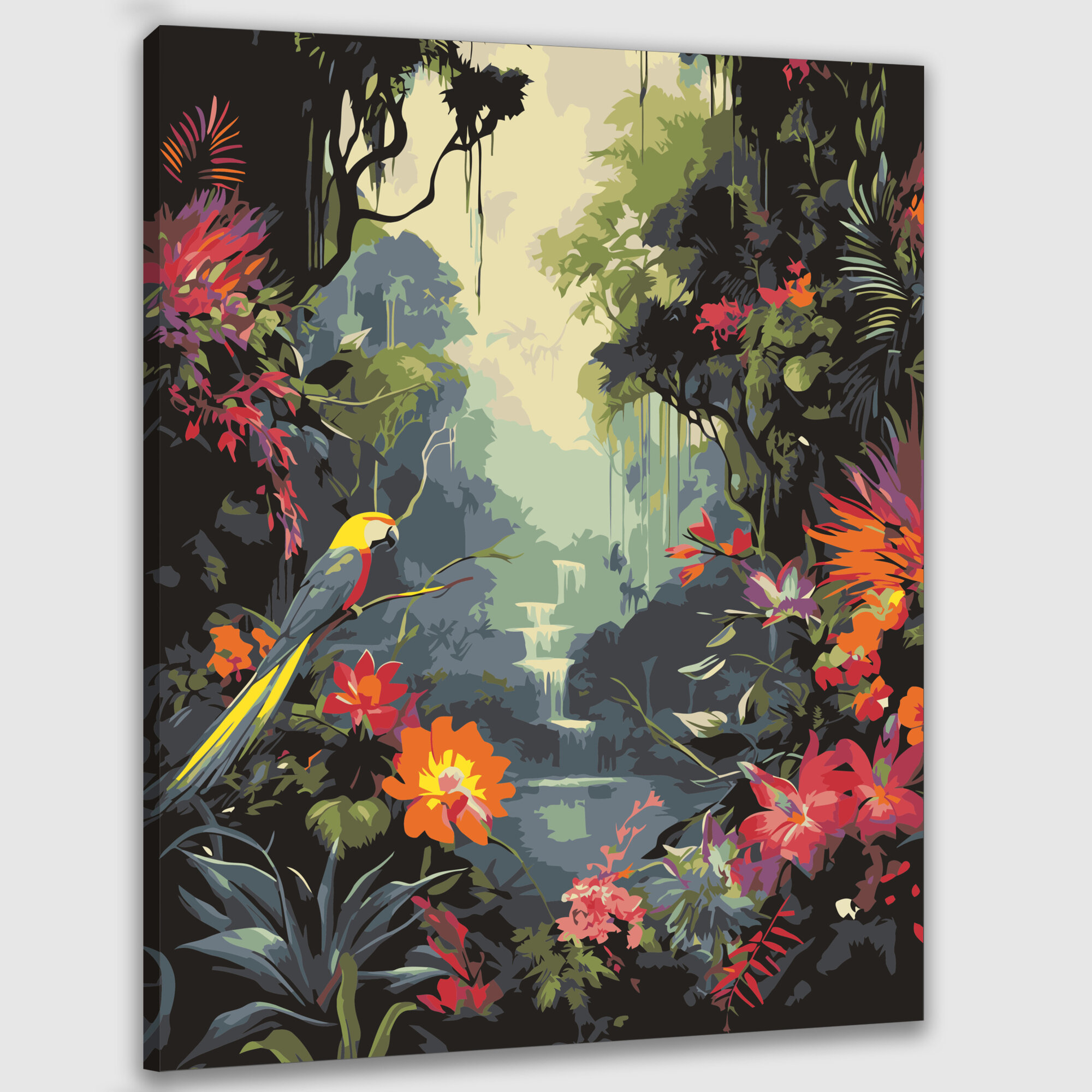 Картина по номерам 40x50 см, Тропический лес, экзотическая флора, фауна, попугаи, туканы, пальмы, виноградные лозы