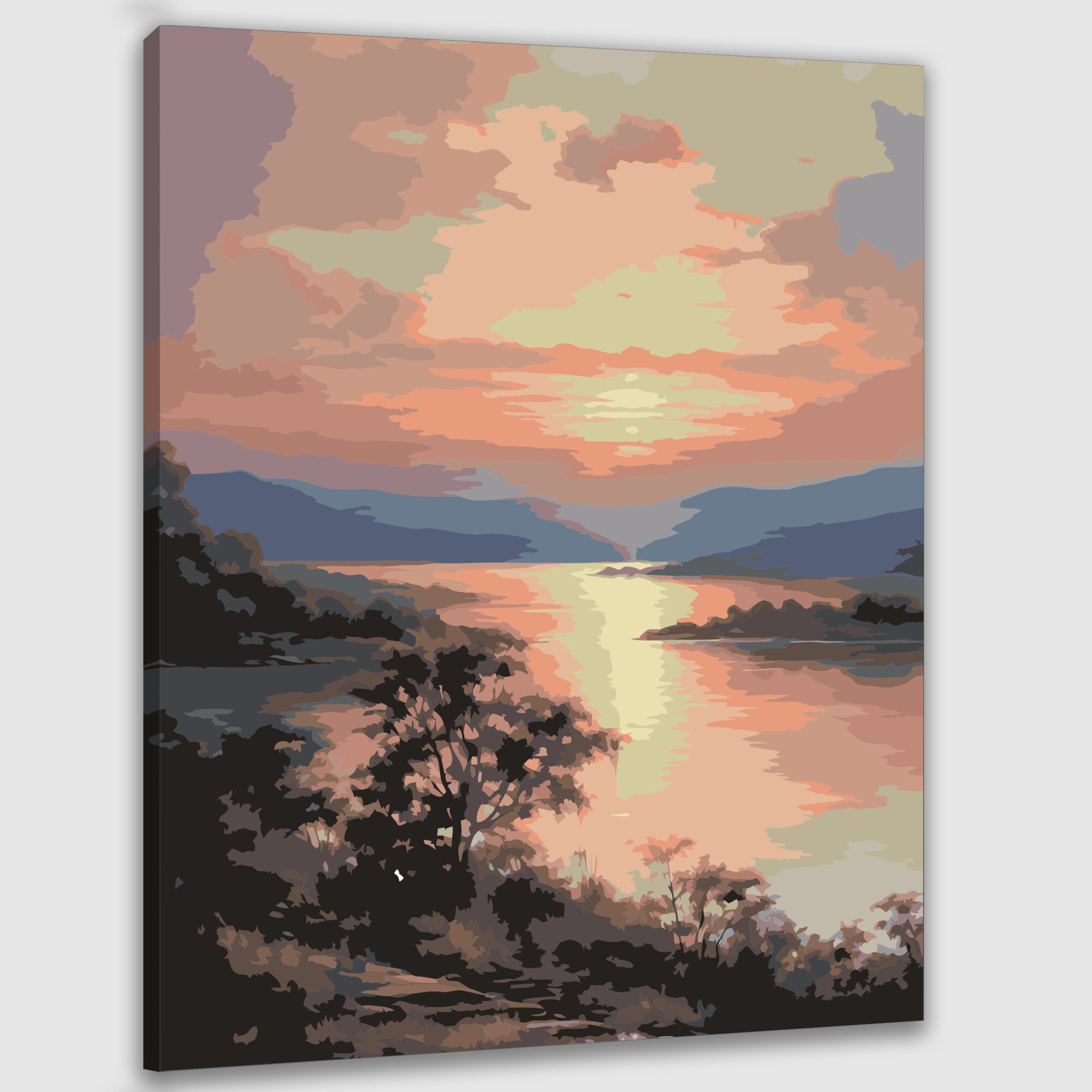 Картина по номерам 40x50 см, вечерний пейзаж, озеро, холмы, зелень, вода, отражение, солнце, глубина, передний план