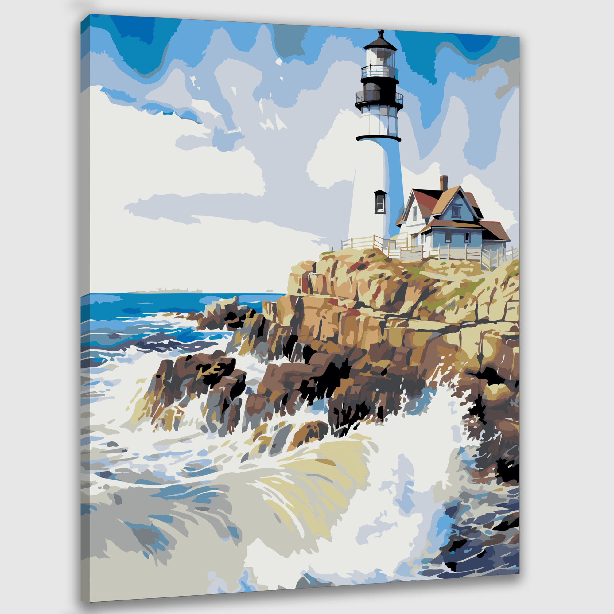 Картина по номерам 40x50 см, маяк, скалистый утес, синее море, волны, берег, пейзаж, спокойствие, красота