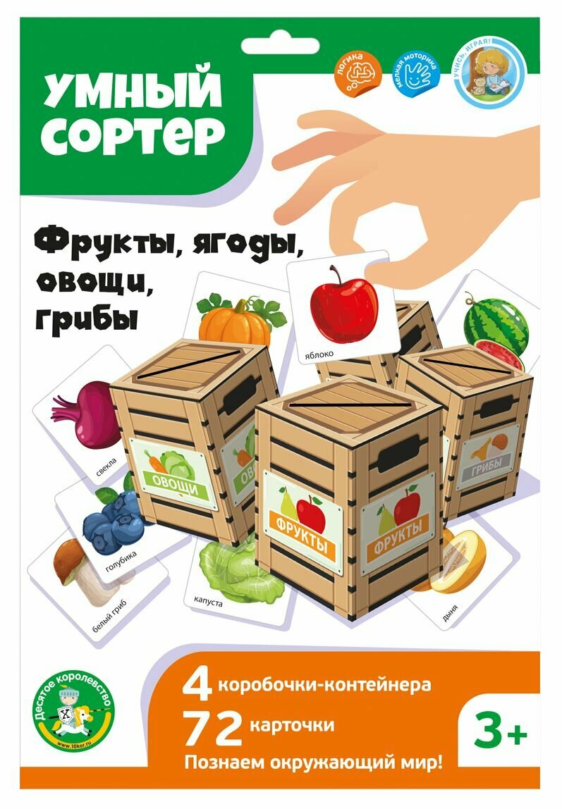 Настольная развивающая игра "Умный сортер. Фрукты, ягоды, овощи, грибы", игра-сортер для детей, игровой набор из 4 коробочек и 72 карточек